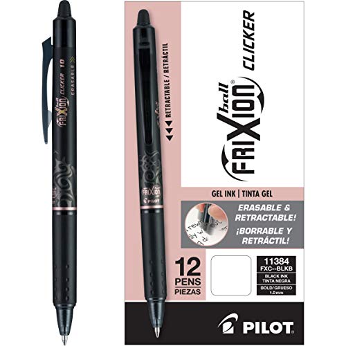 Pilot, FriXion Clicker Erasable Gel Pens, Bold Point 1 mm, Pack of 12, Black