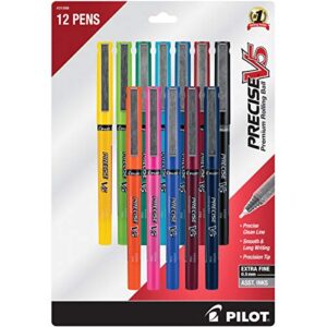 pilot precise v5 stick liquid ink rolling ball stick pens, extra fine point (0.5mm) assorted ink colors, 12-pack (31888)