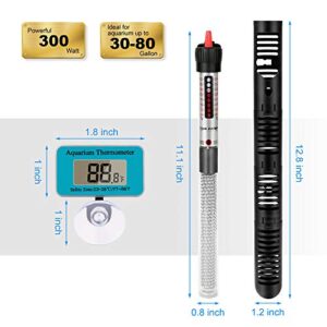 Kinbo Aquarium Heater 300 Watt Submersible Fish Tank Heater Adjustable Temperature with Diving Thermometer and Protective Case Suction Cup