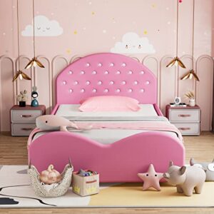 honey joy kids twin bed frame with headboard, toddler upholstered platform bed with slatted bed base, no box spring needed, princess wooden single bed for baby girls, twin size in pink