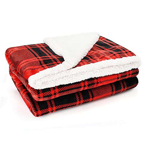 Red Plaid Sherpa Fleece Blanket, Super Soft Warm Cozy Flannel Reversible Buffalo Check Throw Blanket for Couch Sofa Bed, 50" x 60"