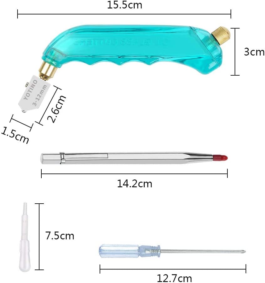 YOTINO Glass Cutting Tool Kit Includes Blue Pistol Grip Oil Feed Glass Cutter with 3 Extra Replacement Head(3mm-12mm, 6mm-19 mm) Tungsten Scribe Engraving Pen, Screwdriver and Oil Dropper