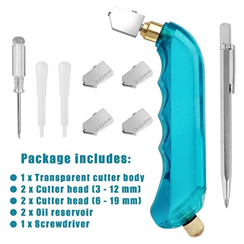 YOTINO Glass Cutting Tool Kit Includes Blue Pistol Grip Oil Feed Glass Cutter with 3 Extra Replacement Head(3mm-12mm, 6mm-19 mm) Tungsten Scribe Engraving Pen, Screwdriver and Oil Dropper