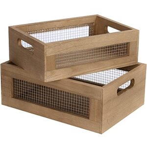 set of 2 nesting countertop baskets - wooden organizer crates for kitchen, bathroom, pantry | for fruit, vegetables, produce, bread and general storage space | decorative rustic wood and metal wire