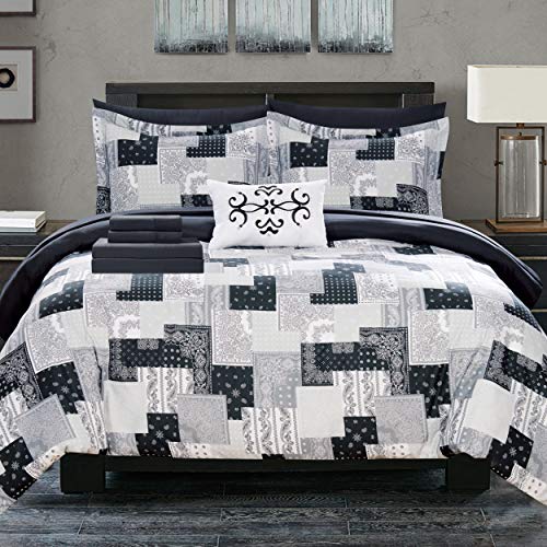 Chic Home Millennia 8 Piece Reversible Comforter Patchwork Bohemian Paisley Print Design Bed in a Bag-Sheet Set Pillowcases Decorative Pillow Shams Included, King, Black