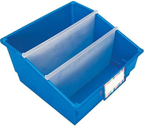 Really Good Stuff Large Plastic Book Organizer Bins, Dividers, Built-in Label Holder, 13.5” by 13.5” by 7.75” (Set of 4, Primary Colors) - For Picture Books, Large Reference Books in Classroom or Home