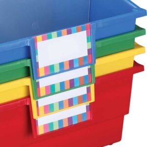 Really Good Stuff Large Plastic Book Organizer Bins, Dividers, Built-in Label Holder, 13.5” by 13.5” by 7.75” (Set of 4, Primary Colors) - For Picture Books, Large Reference Books in Classroom or Home