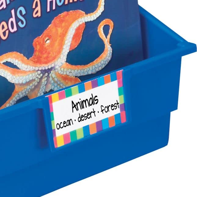 Really Good Stuff Large Plastic Book Organizer Bins, Dividers, Built-in Label Holder, 13.5” by 13.5” by 7.75” (Set of 4, Primary Colors) - For Picture Books, Large Reference Books in Classroom or Home