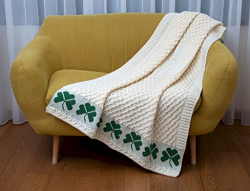 SAOL Irish Shamrock Aran Throw Blanket -100% Merino Wool - Honeycomb Pattern - Natural / 40'' x 60''/100 cm x150 cm