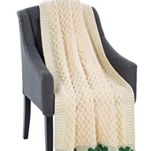 SAOL Irish Shamrock Aran Throw Blanket -100% Merino Wool - Honeycomb Pattern - Natural / 40'' x 60''/100 cm x150 cm