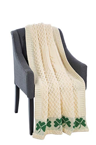 SAOL Irish Shamrock Aran Throw Blanket -100% Merino Wool - Honeycomb Pattern - Natural / 40'' x 60''/100 cm x150 cm