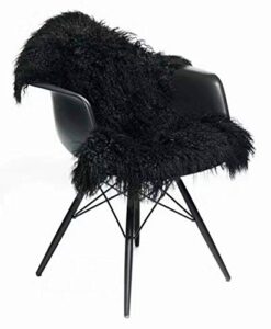 genuine tibetan rug， mongolian lamb sheepskin curly fur pelt throw fur area rug carpet chair cover with super fluffy thick decorativeas throw rug in bedroom, living room,black