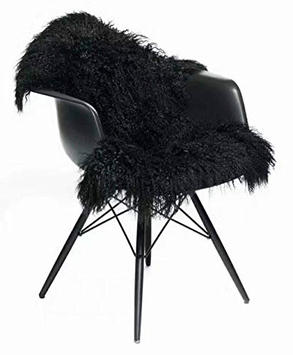 Genuine Tibetan Rug， Mongolian Lamb Sheepskin Curly Fur Pelt Throw Fur Area Rug Carpet Chair Cover with Super Fluffy Thick Decorativeas Throw Rug in Bedroom, Living Room,Black