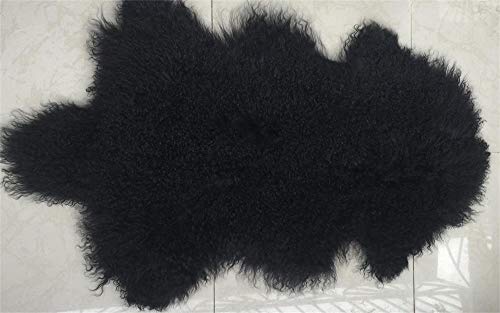 Genuine Tibetan Rug， Mongolian Lamb Sheepskin Curly Fur Pelt Throw Fur Area Rug Carpet Chair Cover with Super Fluffy Thick Decorativeas Throw Rug in Bedroom, Living Room,Black