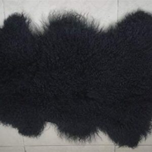 Genuine Tibetan Rug， Mongolian Lamb Sheepskin Curly Fur Pelt Throw Fur Area Rug Carpet Chair Cover with Super Fluffy Thick Decorativeas Throw Rug in Bedroom, Living Room,Black