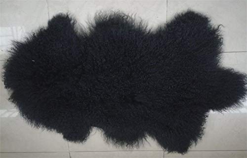 Genuine Tibetan Rug， Mongolian Lamb Sheepskin Curly Fur Pelt Throw Fur Area Rug Carpet Chair Cover with Super Fluffy Thick Decorativeas Throw Rug in Bedroom, Living Room,Black