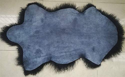 Genuine Tibetan Rug， Mongolian Lamb Sheepskin Curly Fur Pelt Throw Fur Area Rug Carpet Chair Cover with Super Fluffy Thick Decorativeas Throw Rug in Bedroom, Living Room,Black