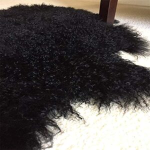 Genuine Tibetan Rug， Mongolian Lamb Sheepskin Curly Fur Pelt Throw Fur Area Rug Carpet Chair Cover with Super Fluffy Thick Decorativeas Throw Rug in Bedroom, Living Room,Black