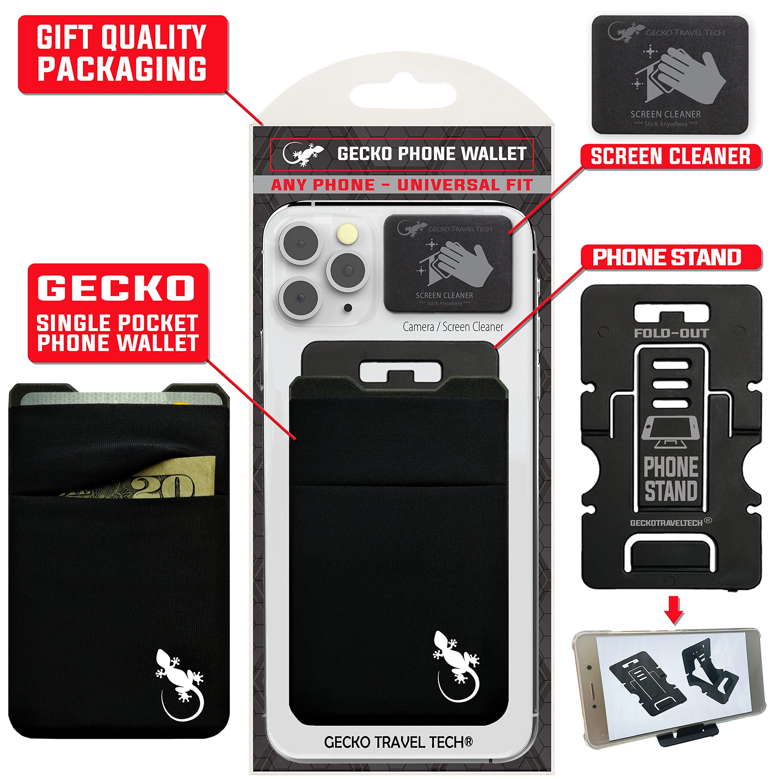 Double Pocket Gecko Phone Wallet - Smartphone Adhesive Card Holder - Cell Phone Pouch - Mobile Stick on Lycra Pocket by Gecko - Carry Credit Cards and Cash – (Black-White)