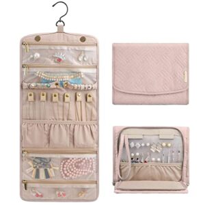 bagsmart travel hanging jewelry organizer case foldable jewelry roll with hanger for journey-rings, necklaces, bracelets, earrings, soft pink