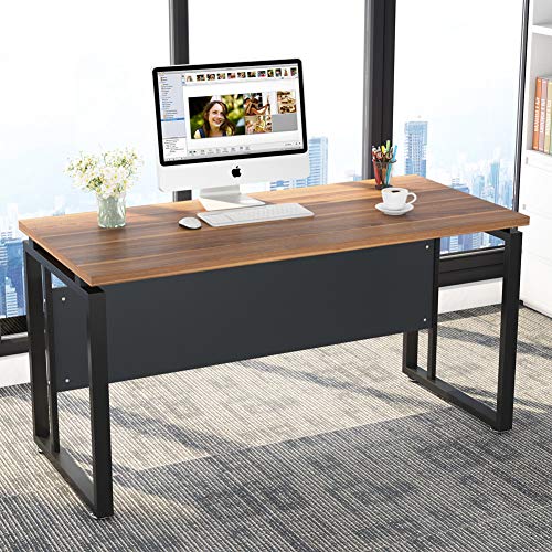 LITTLE TREE 55 inches Computer Desk, Home Office Desk Writing Table for Workstation with Clean Design,Dark Walnut + Steel Leg