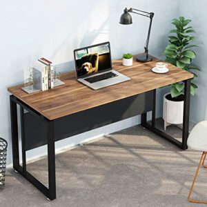 LITTLE TREE 55 inches Computer Desk, Home Office Desk Writing Table for Workstation with Clean Design,Dark Walnut + Steel Leg