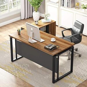 LITTLE TREE 55 inches Computer Desk, Home Office Desk Writing Table for Workstation with Clean Design,Dark Walnut + Steel Leg