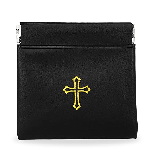 Squeeze Top Rosary Pouch Black Vinyl with Gold Cross Imprint