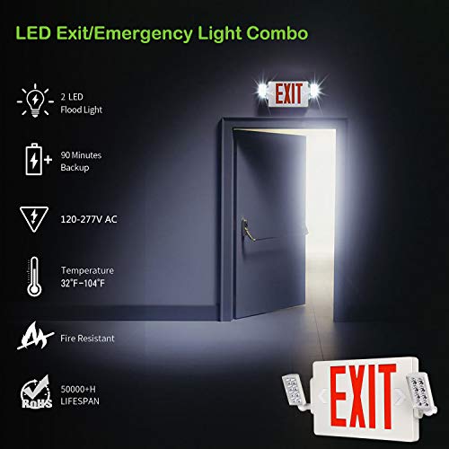 Hykolity Red Exit Sign, 120-277V Double Face LED Combo Emergency Light with Adjustable Two Head and Backup Battery - 4 Pack