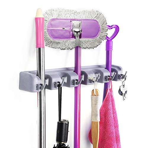 Mop Broom Holder Wall Mounted Kitchen Tool Organizer and Storage Rack, 6 Hooks and 5 Slots, Grey