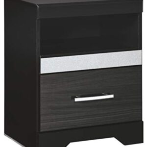 Signature Design by Ashley Starberry Glam 1 Drawer Nightstand with 2 Slim-Profile USB Charging Stations & Silvertone Glitter Accents, Black