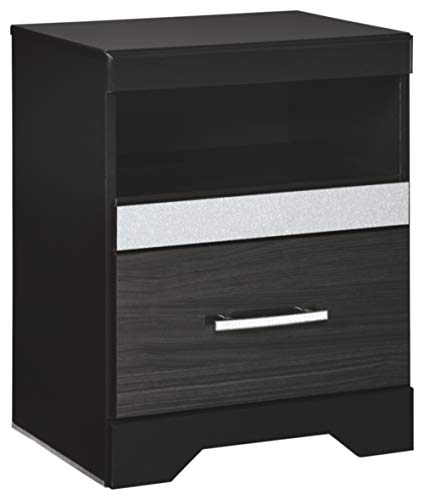 Signature Design by Ashley Starberry Glam 1 Drawer Nightstand with 2 Slim-Profile USB Charging Stations & Silvertone Glitter Accents, Black