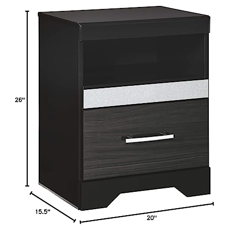 Signature Design by Ashley Starberry Glam 1 Drawer Nightstand with 2 Slim-Profile USB Charging Stations & Silvertone Glitter Accents, Black