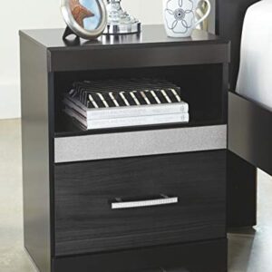 Signature Design by Ashley Starberry Glam 1 Drawer Nightstand with 2 Slim-Profile USB Charging Stations & Silvertone Glitter Accents, Black