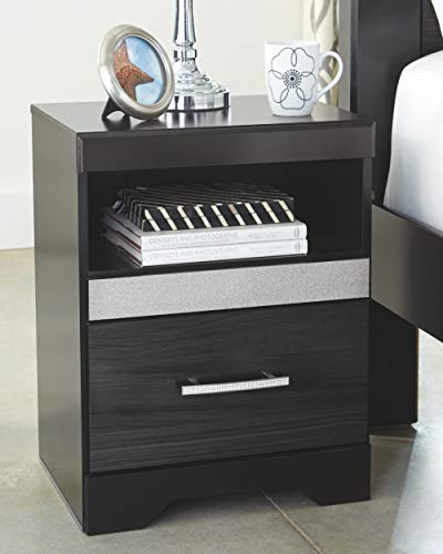 Signature Design by Ashley Starberry Glam 1 Drawer Nightstand with 2 Slim-Profile USB Charging Stations & Silvertone Glitter Accents, Black