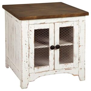 signature design by ashley wystfield farmhouse end table with storage, distressed white & brown finish