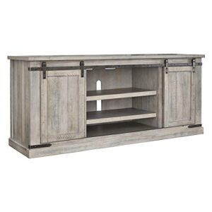 signature design by ashley carynhurst modern farmhouse tv stand fits tvs up to 68", sliding barn doors with adjustable storage shelves, whitewash