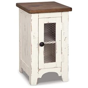 Signature Design by Ashley Wystfield Farmhouse Chair Side End Table with Cabinet Door for Storage, White & Brown with Distressed Finish