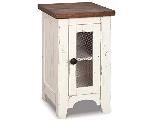 Signature Design by Ashley Wystfield Farmhouse Chair Side End Table with Cabinet Door for Storage, White & Brown with Distressed Finish