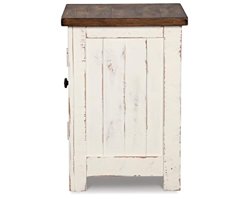 Signature Design by Ashley Wystfield Farmhouse Chair Side End Table with Cabinet Door for Storage, White & Brown with Distressed Finish