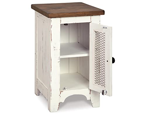 Signature Design by Ashley Wystfield Farmhouse Chair Side End Table with Cabinet Door for Storage, White & Brown with Distressed Finish