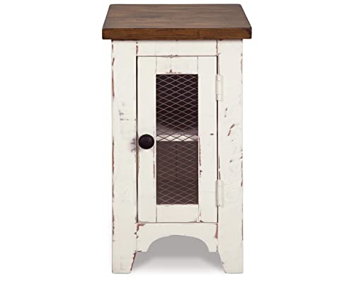 Signature Design by Ashley Wystfield Farmhouse Chair Side End Table with Cabinet Door for Storage, White & Brown with Distressed Finish