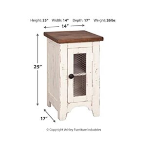 Signature Design by Ashley Wystfield Farmhouse Chair Side End Table with Cabinet Door for Storage, White & Brown with Distressed Finish