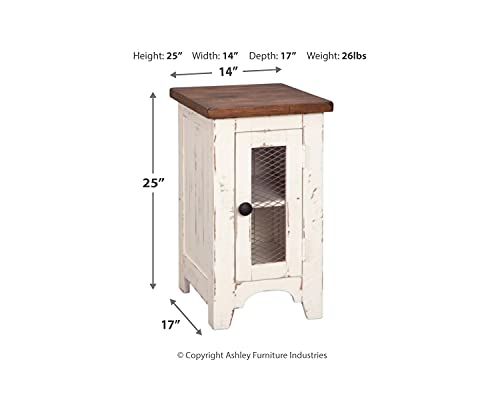 Signature Design by Ashley Wystfield Farmhouse Chair Side End Table with Cabinet Door for Storage, White & Brown with Distressed Finish