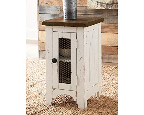 Signature Design by Ashley Wystfield Farmhouse Chair Side End Table with Cabinet Door for Storage, White & Brown with Distressed Finish