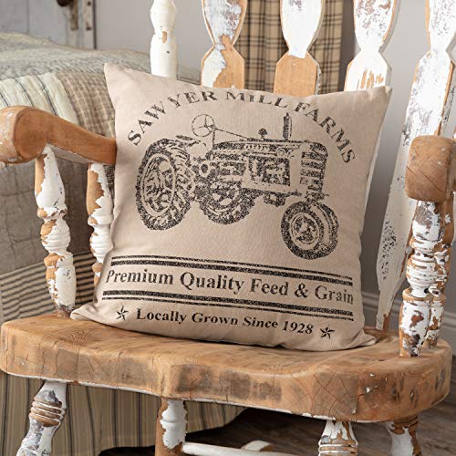 VHC Brands Sawyer Mill Graphic/Print Chambray Cotton Farmhouse Stenciled Square Pillow 18x18 Filled Bedding Accessory, Tractor Charcoal