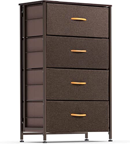 WAYTRIM Dresser Storage Tower, 4 Fabric Organizer Drawers, Wide Chest of Drawers for Closet Boys & Girls Bedroom, Bedside Furniture, Steel Frame, Wood Top, Fabric Bins, Easy installation (Coffee)