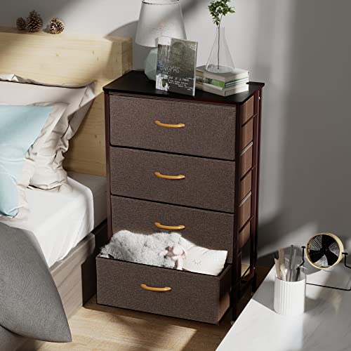 WAYTRIM Dresser Storage Tower, 4 Fabric Organizer Drawers, Wide Chest of Drawers for Closet Boys & Girls Bedroom, Bedside Furniture, Steel Frame, Wood Top, Fabric Bins, Easy installation (Coffee)