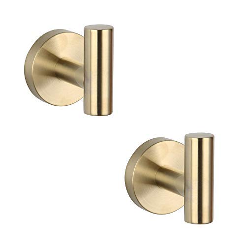 GERZWY Bathroom Brushed Gold Coat Hook SUS 304 Stainless Steel Single Towel/Robe Clothes Hook for Bath Kitchen Contemporary Hotel Style Wall Mounted 2 Pack,AG1107B-BZ