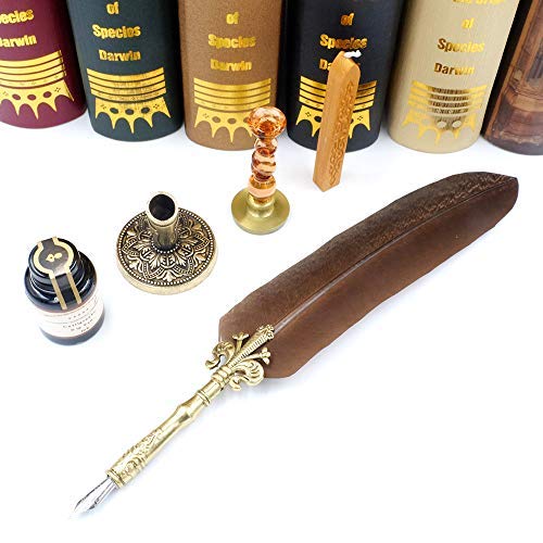 GC QUILL MU-03 Quill Pen Set Unique Half-Patterned Feather Pen Gift Set with 6 Nibs 1 Calligraphy Ink 1 Wax Seal Stamp 1 Pen Holder 1 Sealing Wax, Gift for Writers Kids Students